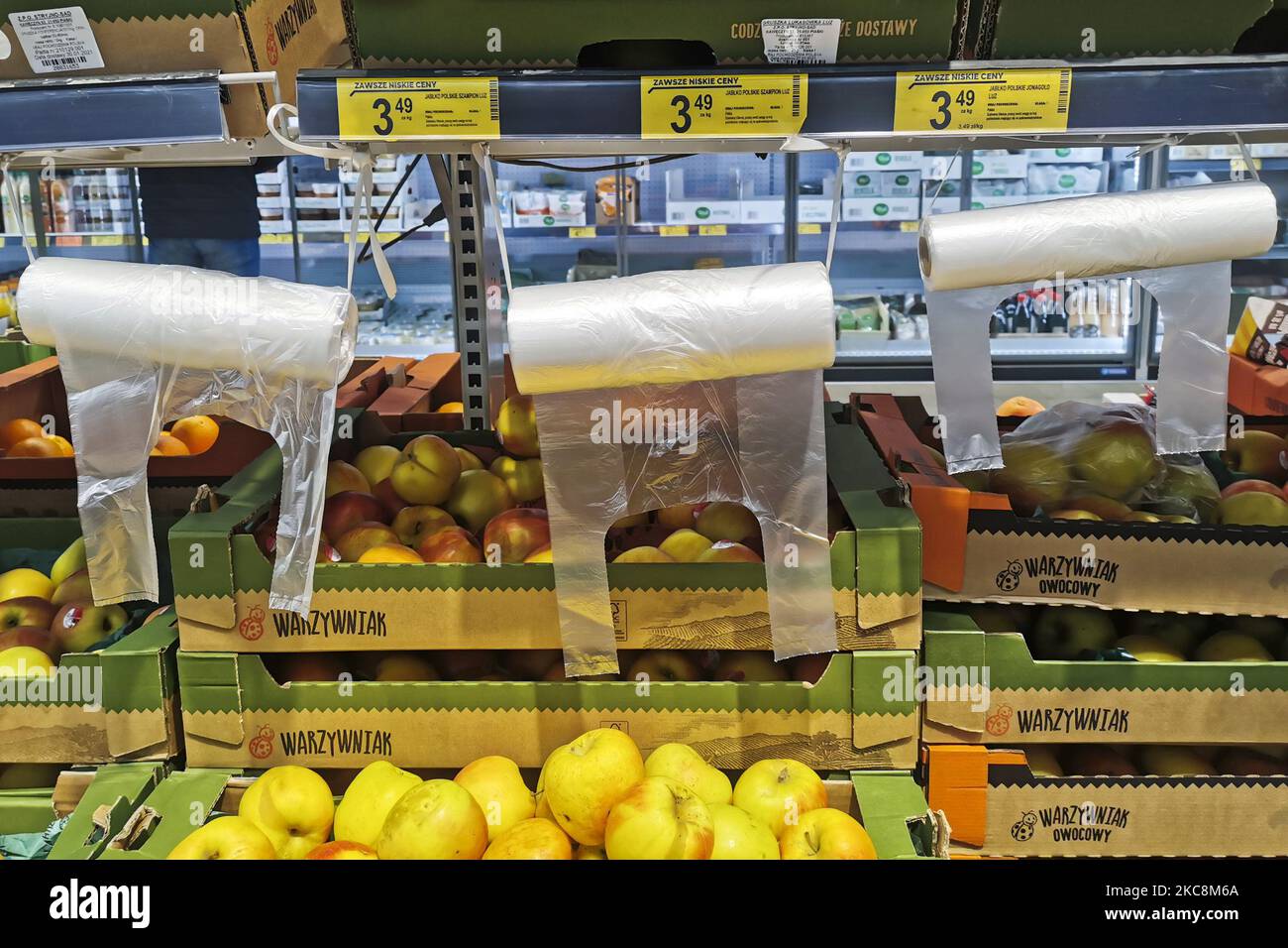 Plastic bags are seen in a supermarket store in Gliwice, Poland on ...