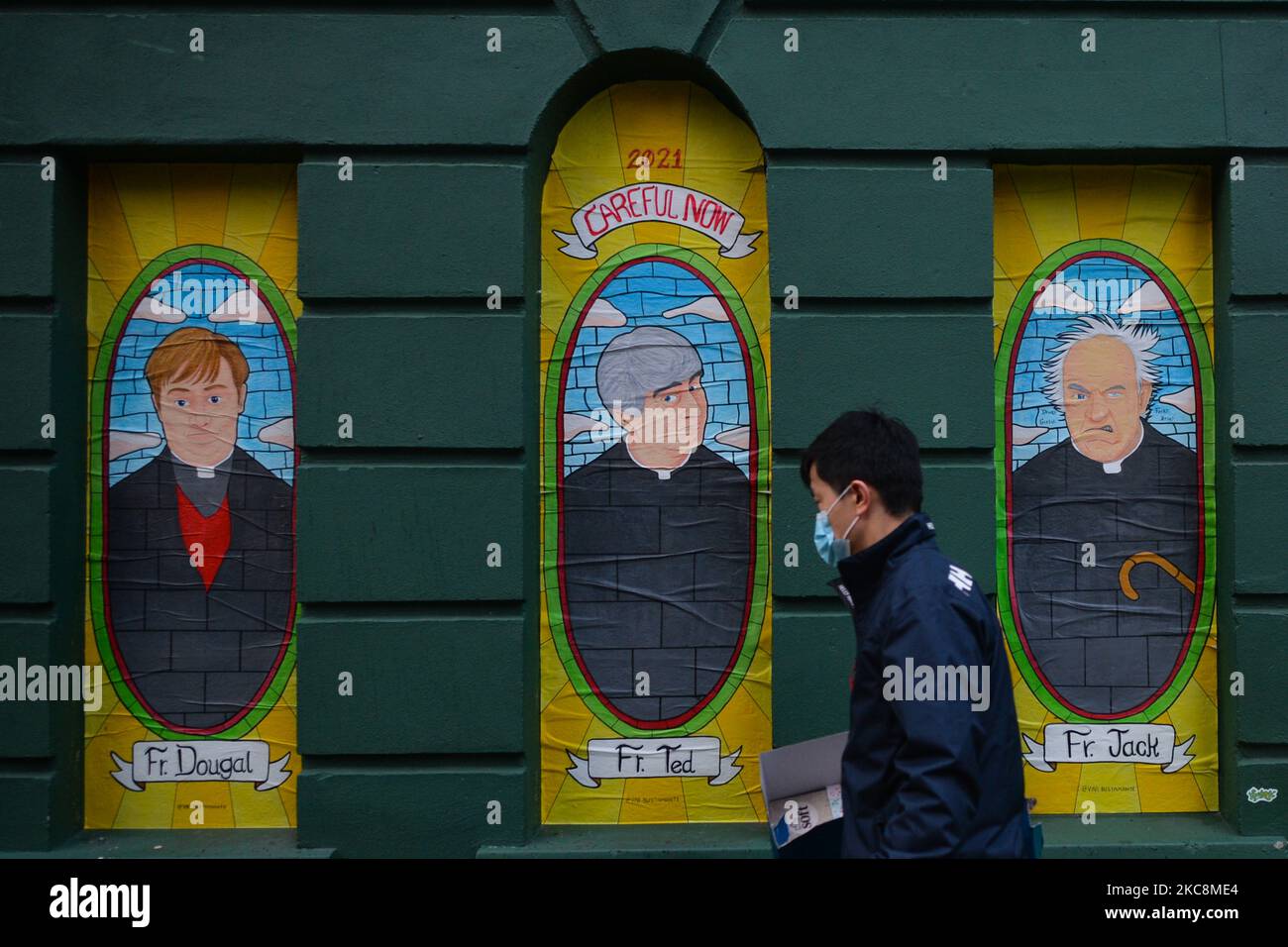 Images of Father Dougal, Father Ted and Father Jack seen in windows of ...
