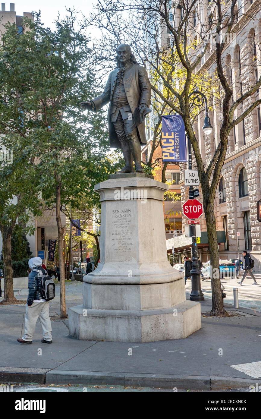 Benjamin Franklin standing statue, located in lower Manhattan, in NYC ...