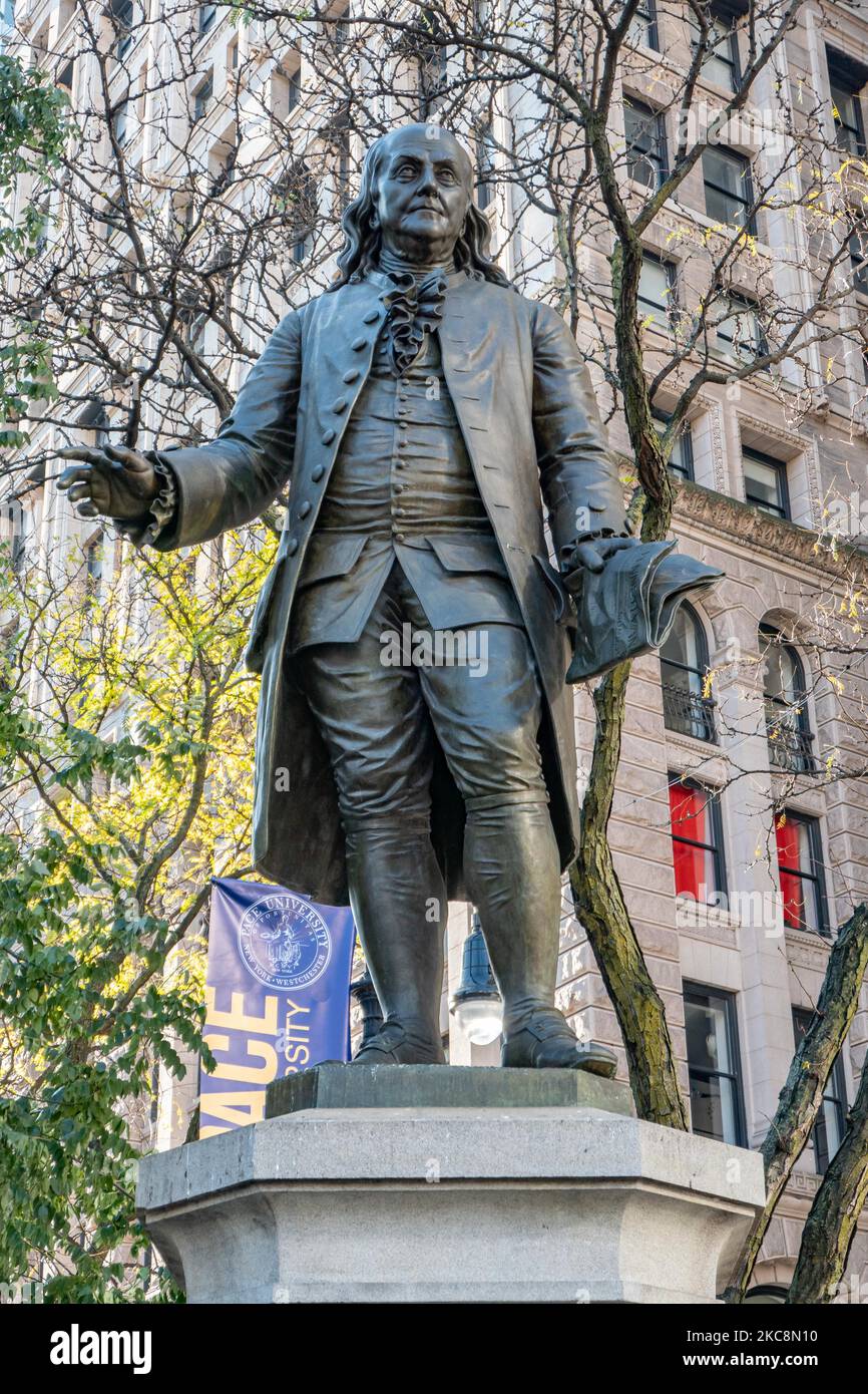 Benjamin Franklin standing statue, located in lower Manhattan, in NYC ...