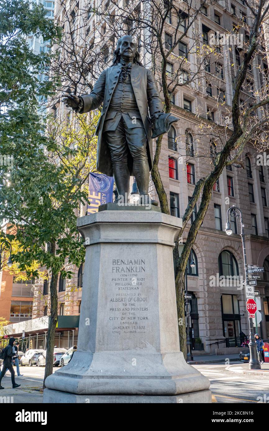 Benjamin Franklin standing statue, located in lower Manhattan, in NYC ...