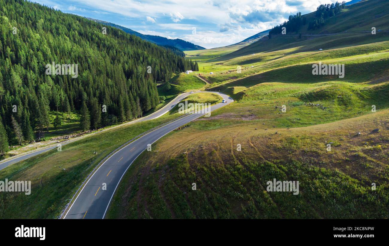 An aerial view of zigzag road built on a mountain, past the forest ...