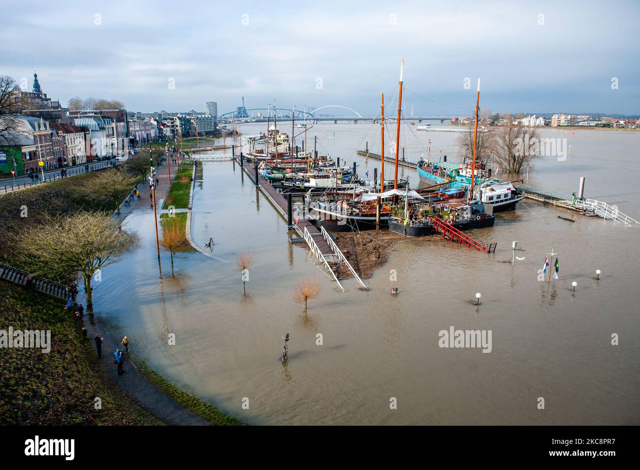 A view of the river Waal flooding, during the high water levels in ...