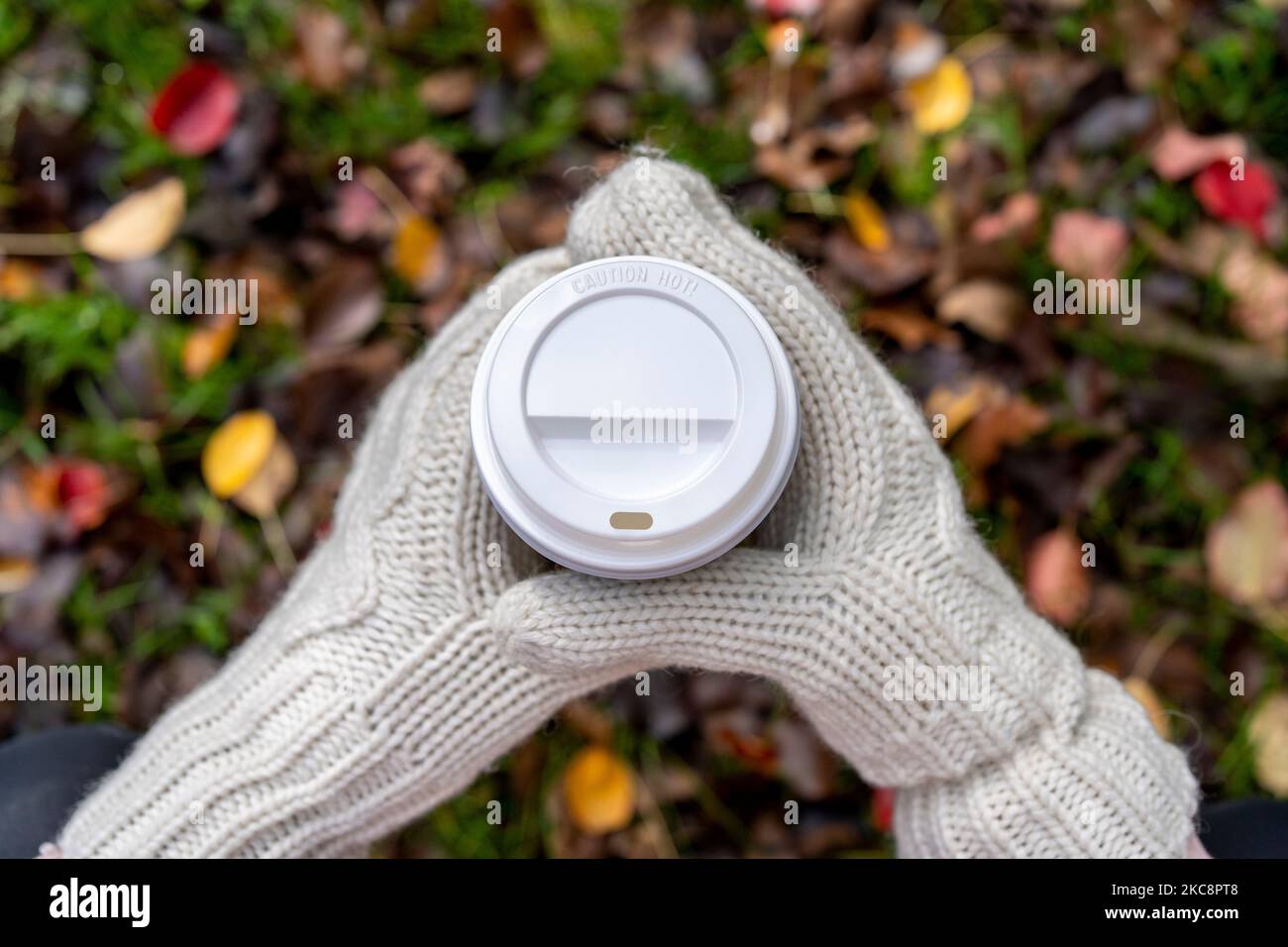 Close-up photo of a woman's hands with mittens holding a paper cup of ...