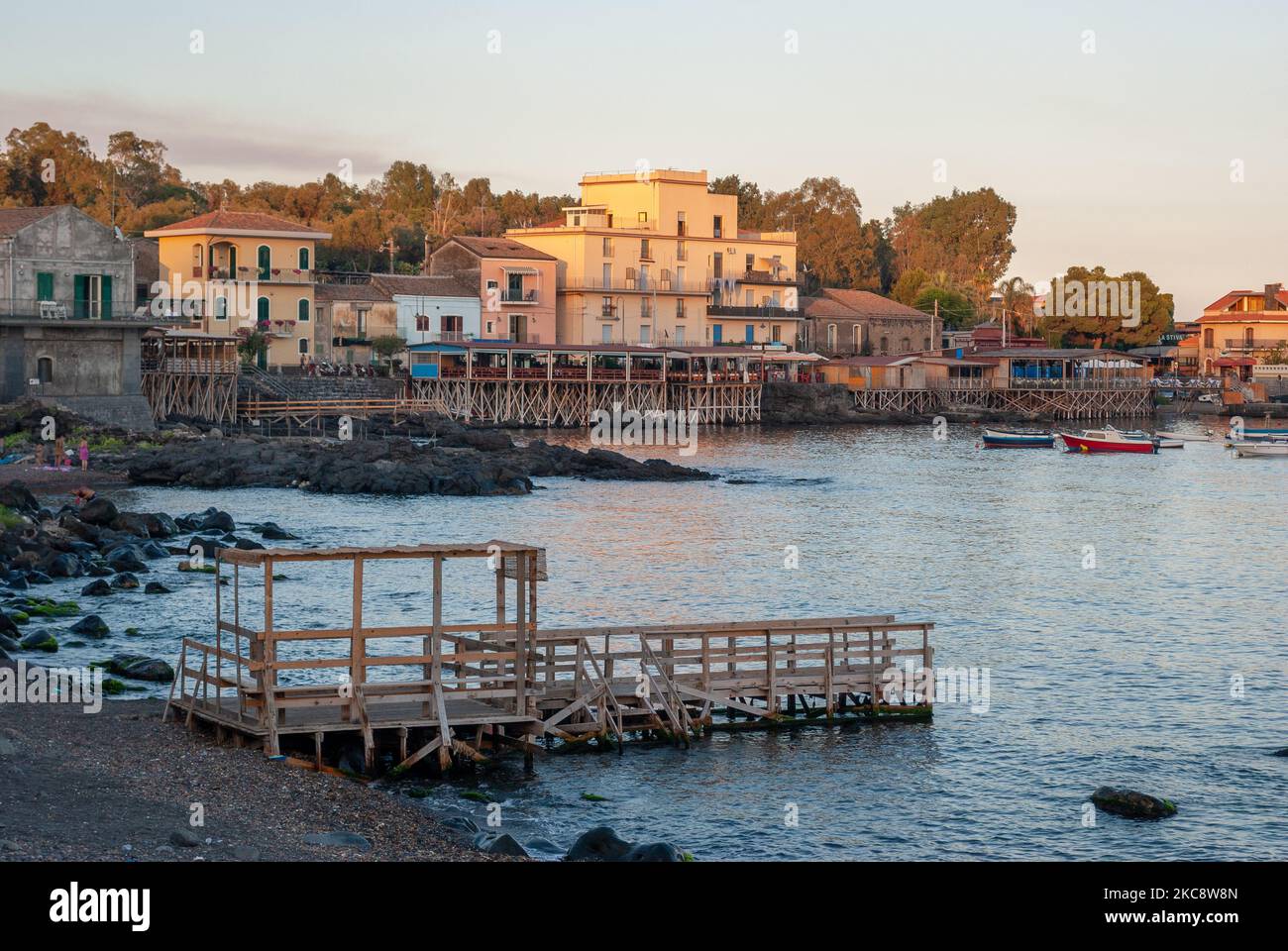The waterfront of Capo Mulini, a small town near Catania; Sicily, Italy ...