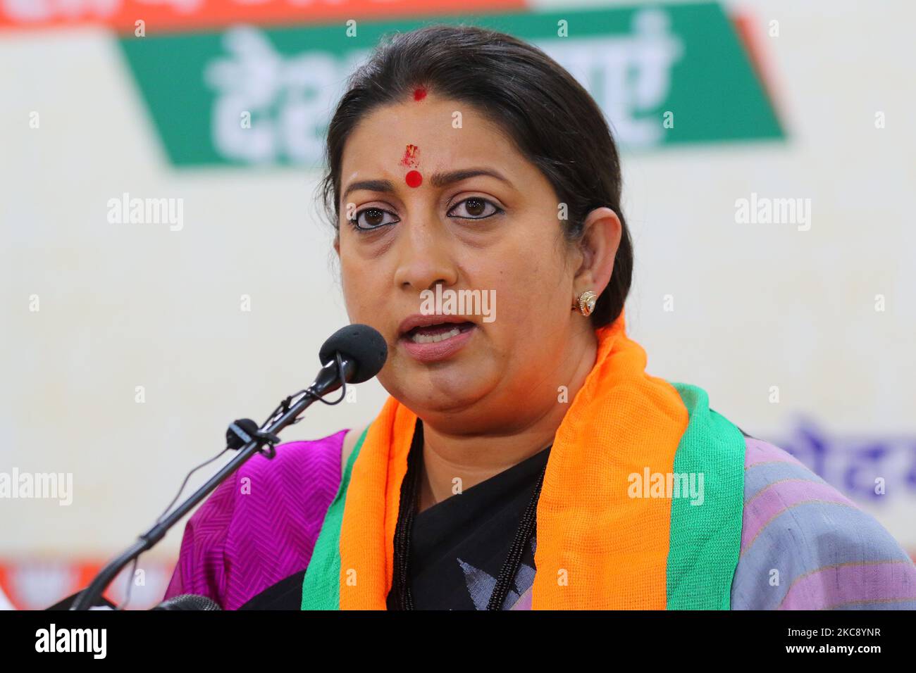 Union Minister Smriti Irani addresses a press conference at BJP office ...