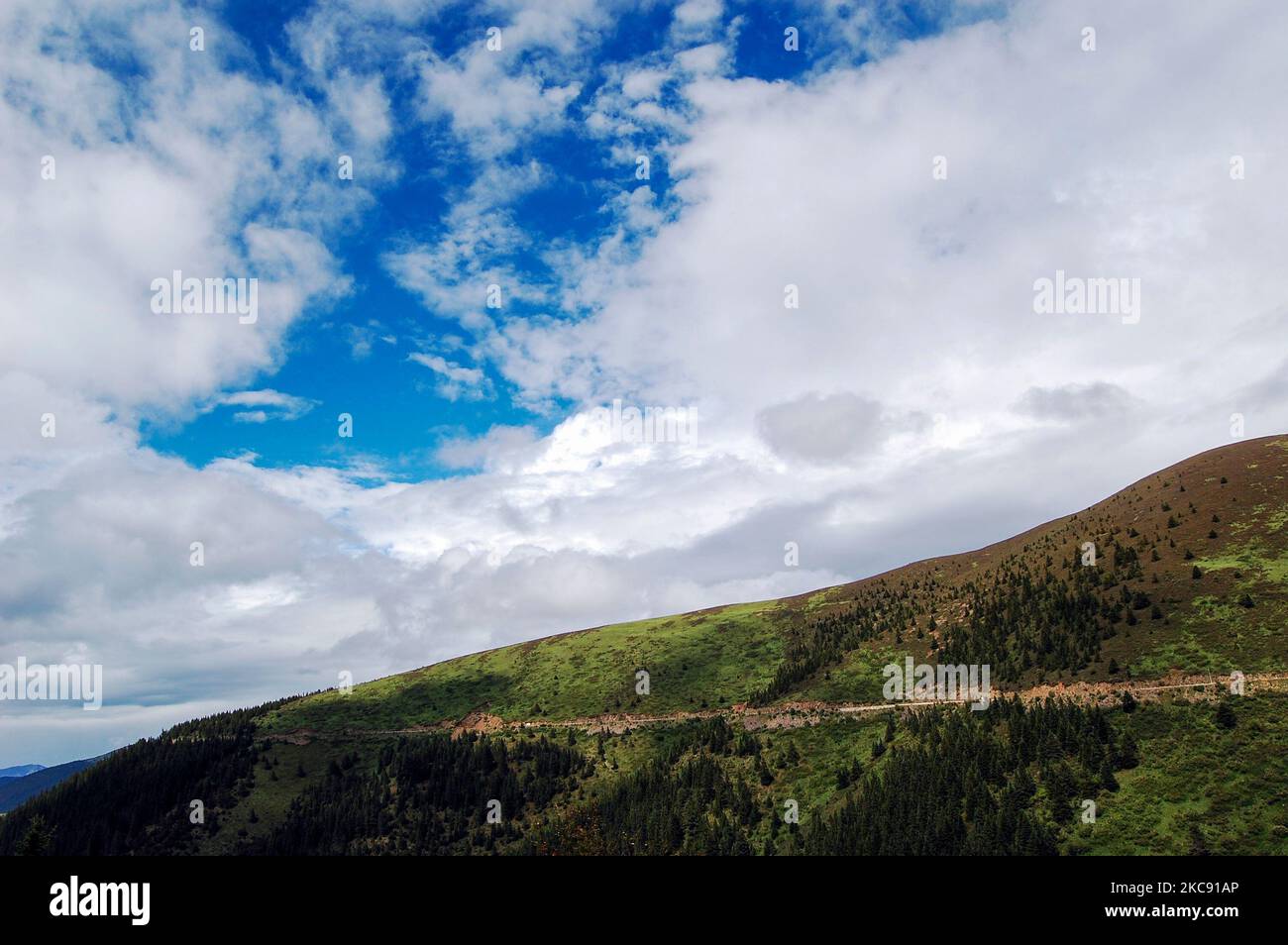 A beautiful view of a green hill with a blue sky background Stock Photo ...
