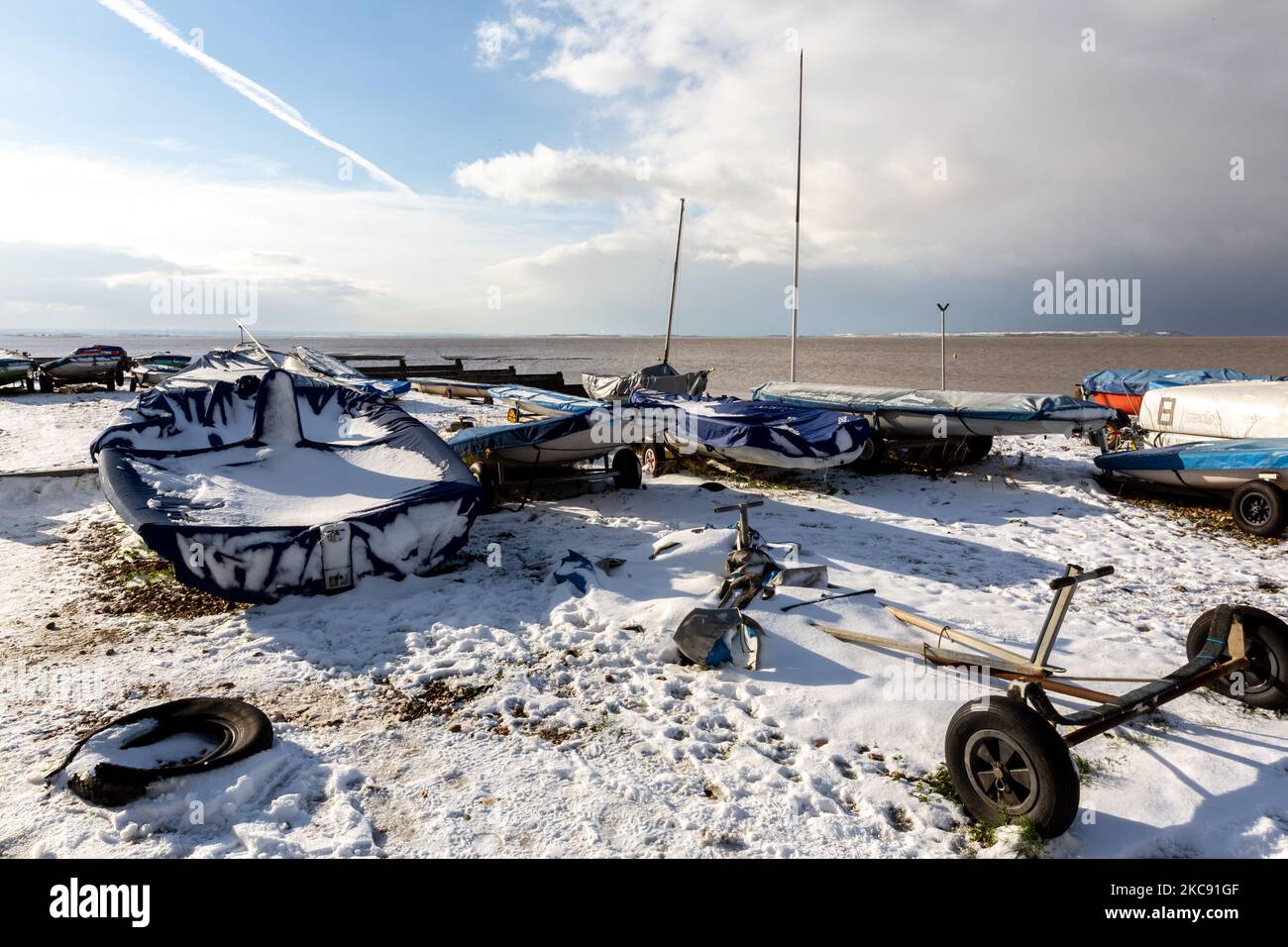 A sunny winter day amid wind and snow in the South-East England coast ...