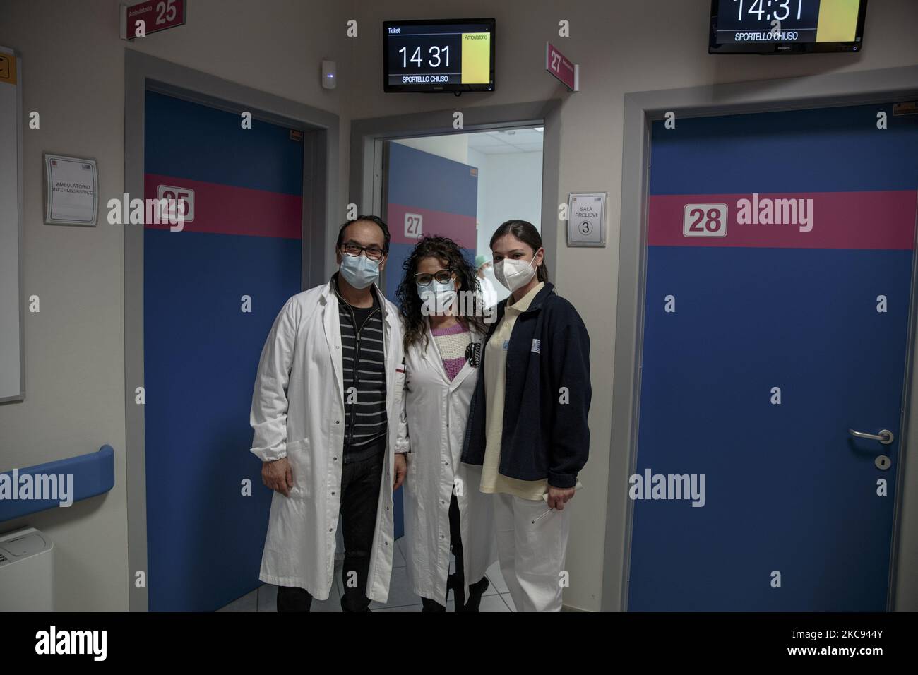 Firsts people receiving the AstraZeneca vaccine in Pisa, Italy, on ...