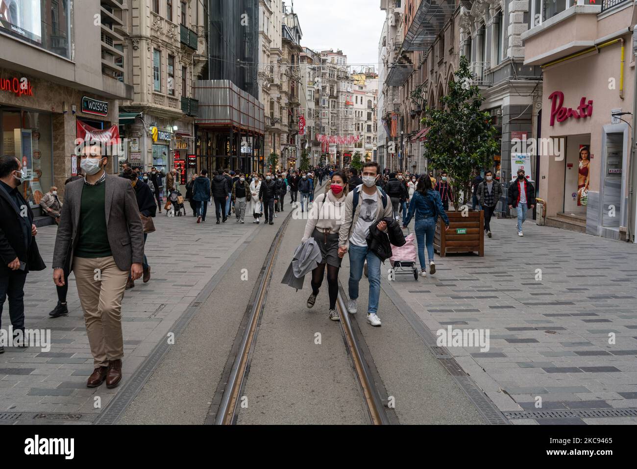 People walking on the famous Istiklal Street in Istanbul, Turkey seen ...