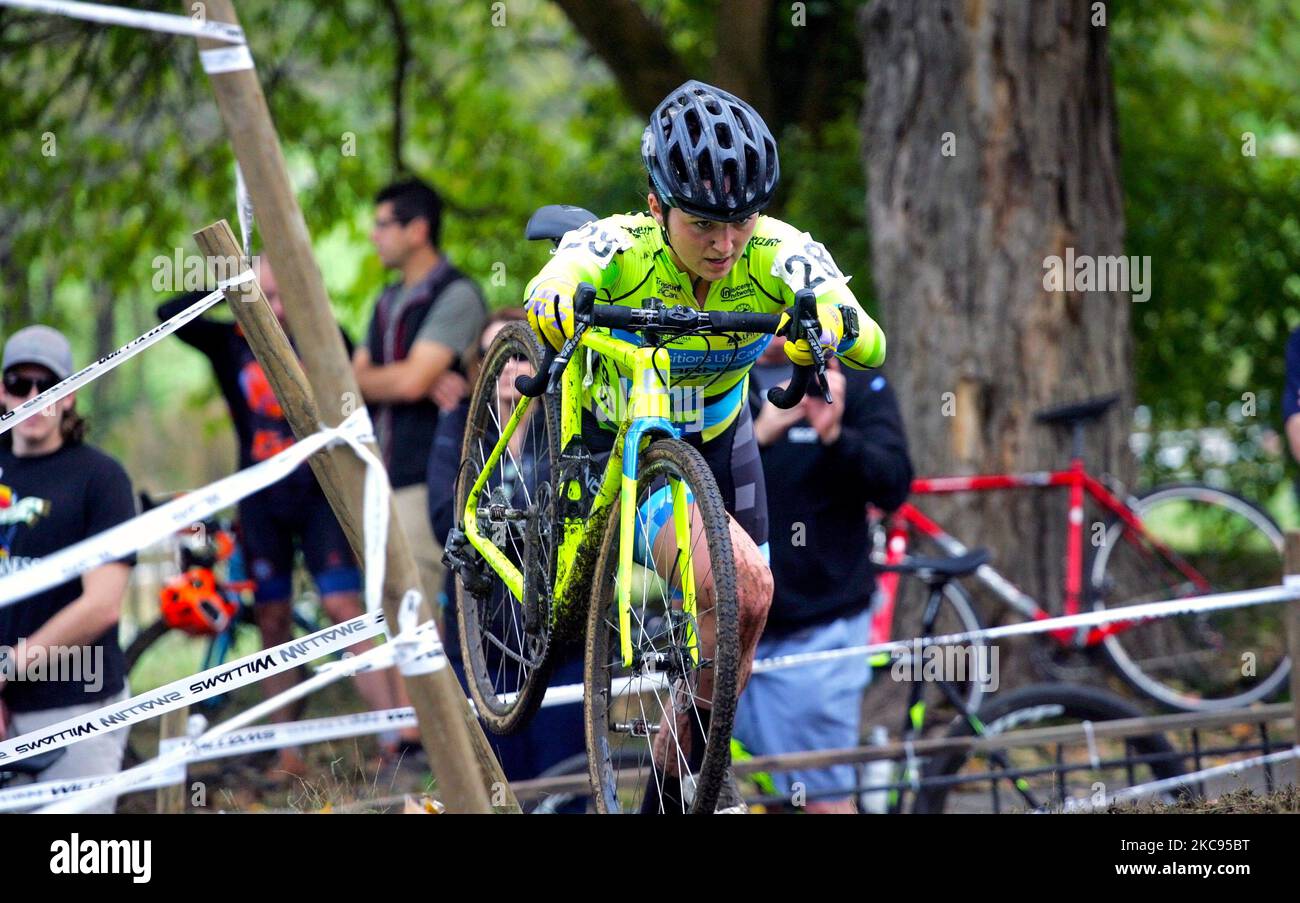 Erica Leonard pushes her bike up a climb during the Derby City Cup UCI ...