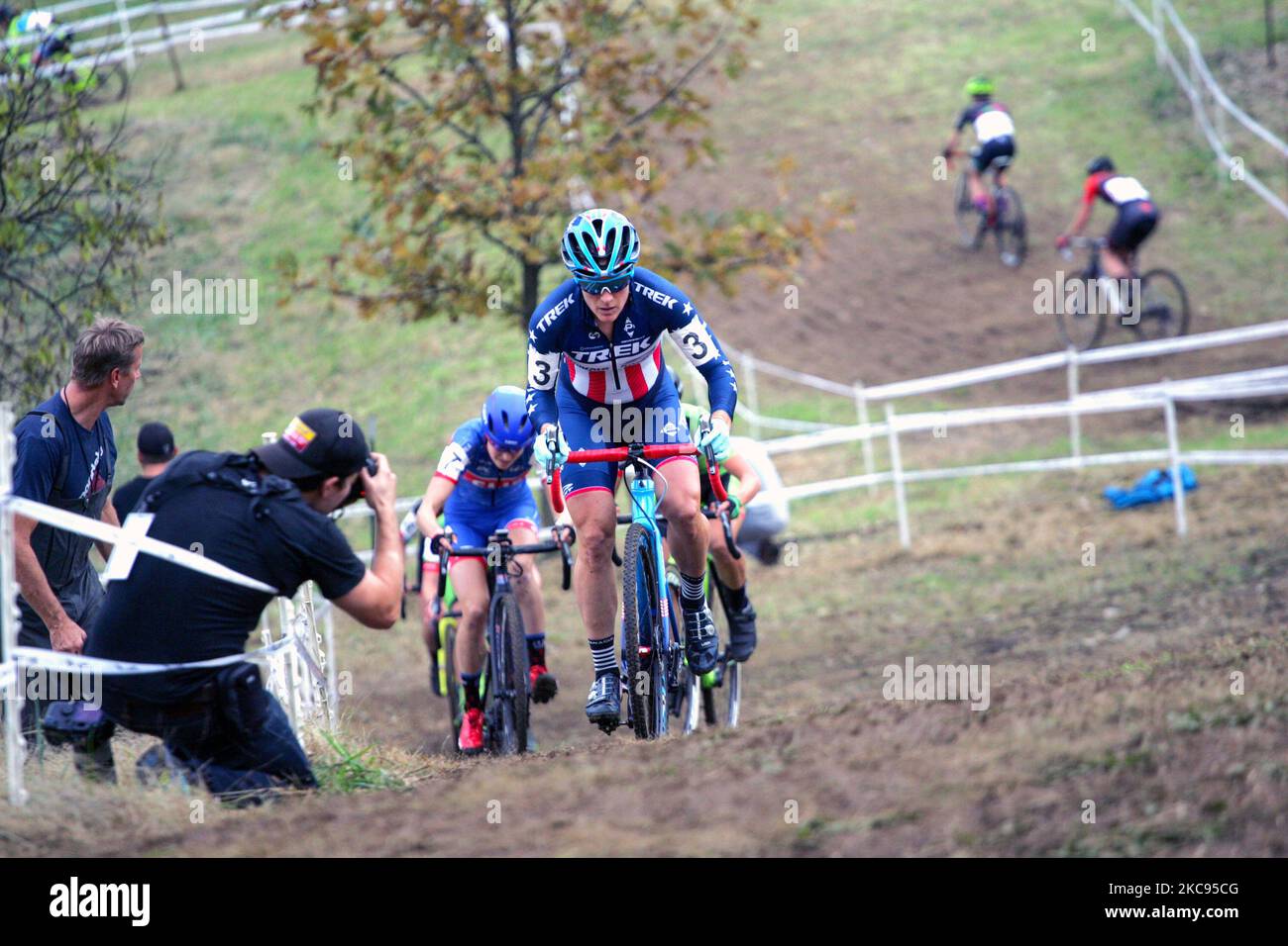Katie Compton leads her competitors up a climb during the Derby City ...