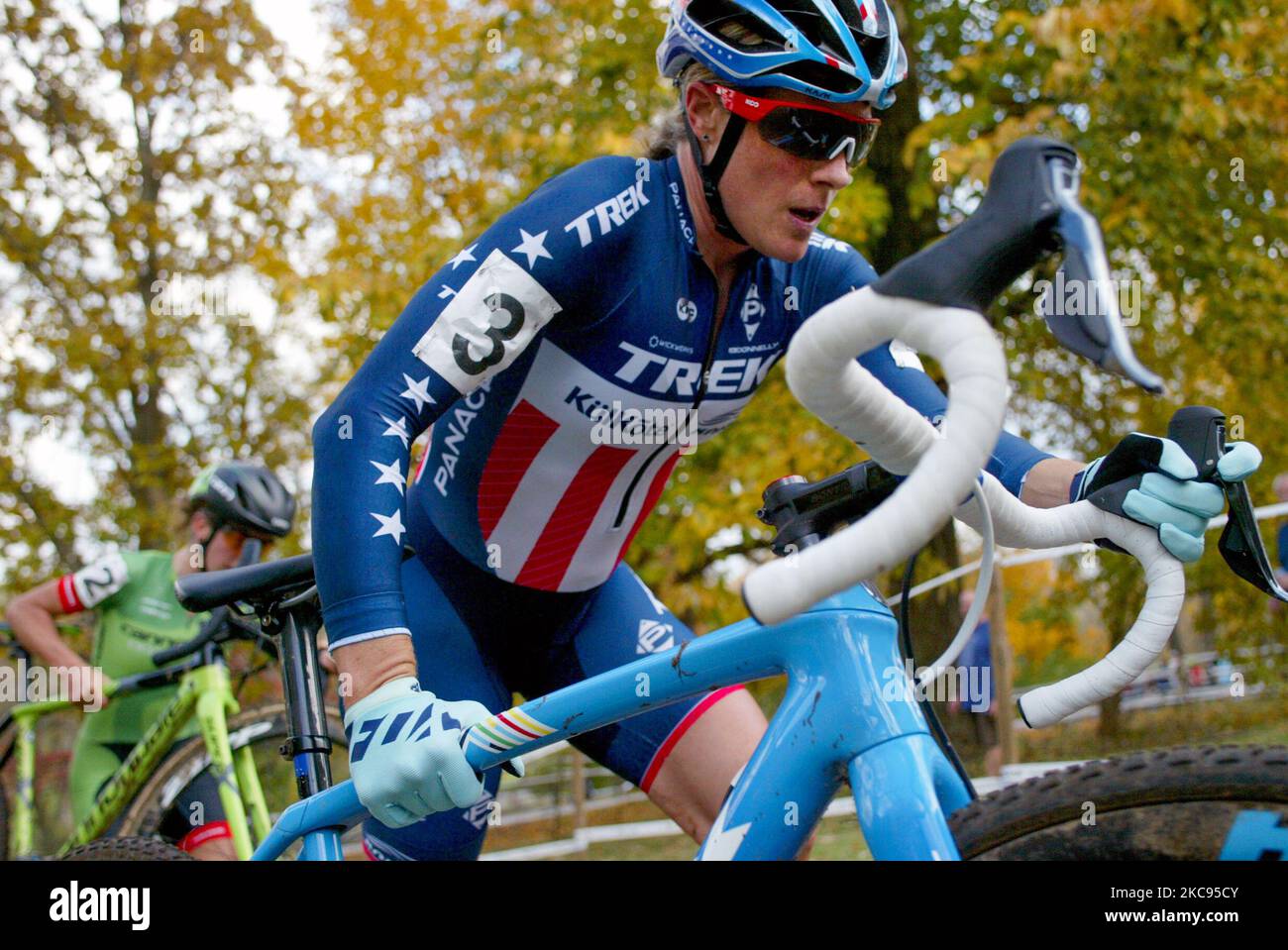 Katie Compton pushes her bike up a climb during the Elite Women’s Derby ...