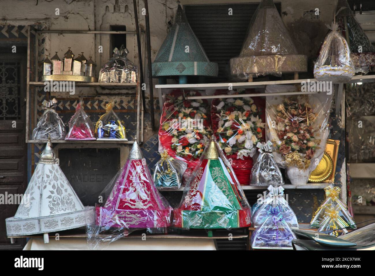 Tabak (traditional conical Islamic wedding gift boxes) at a shop in the ...
