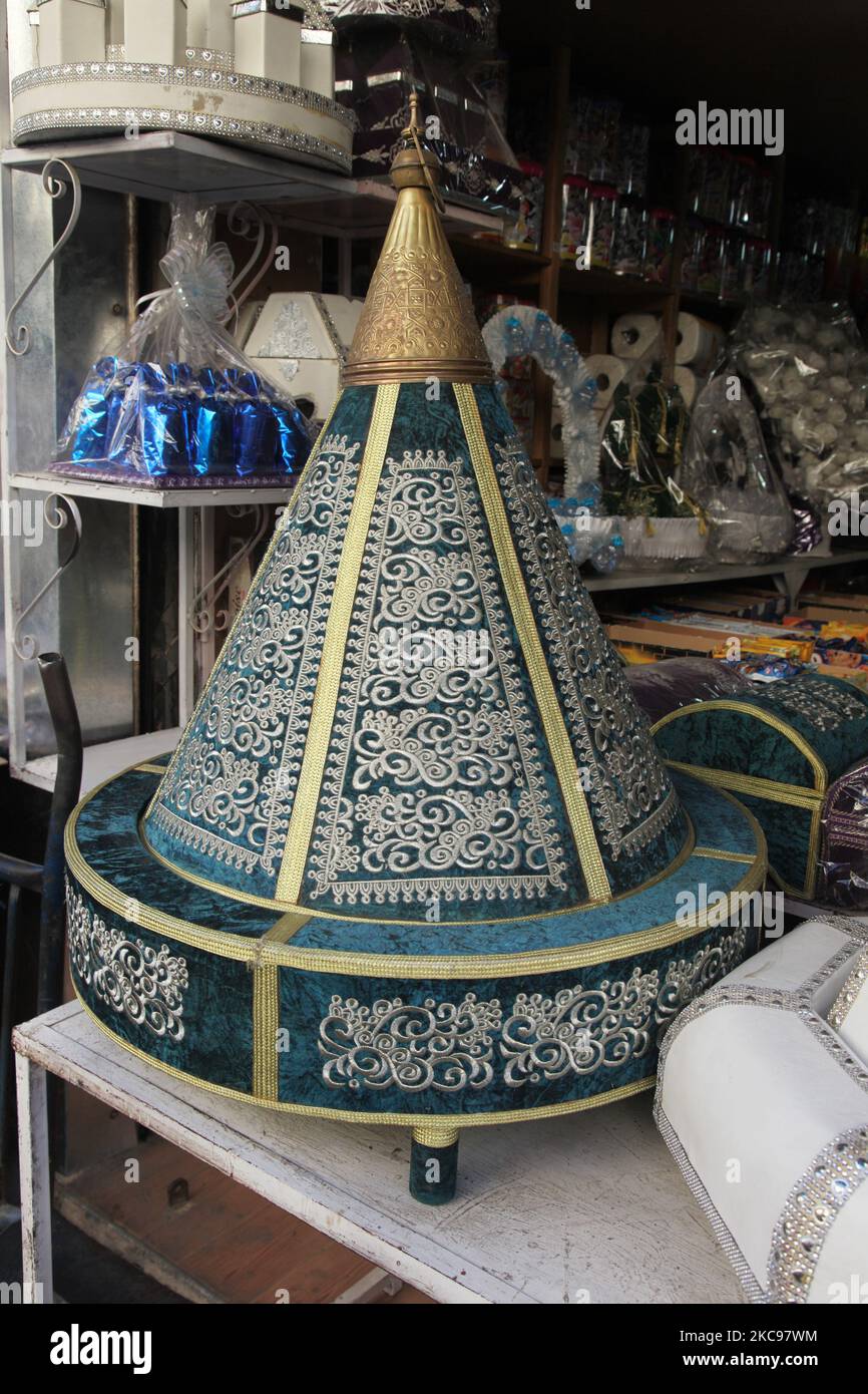 Tabak (traditional conical Islamic wedding gift box) at a shop in the ...