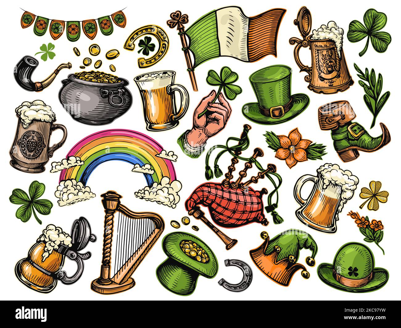 Set of St. Patricks Day symbols. Irish holiday concept. Collection ...