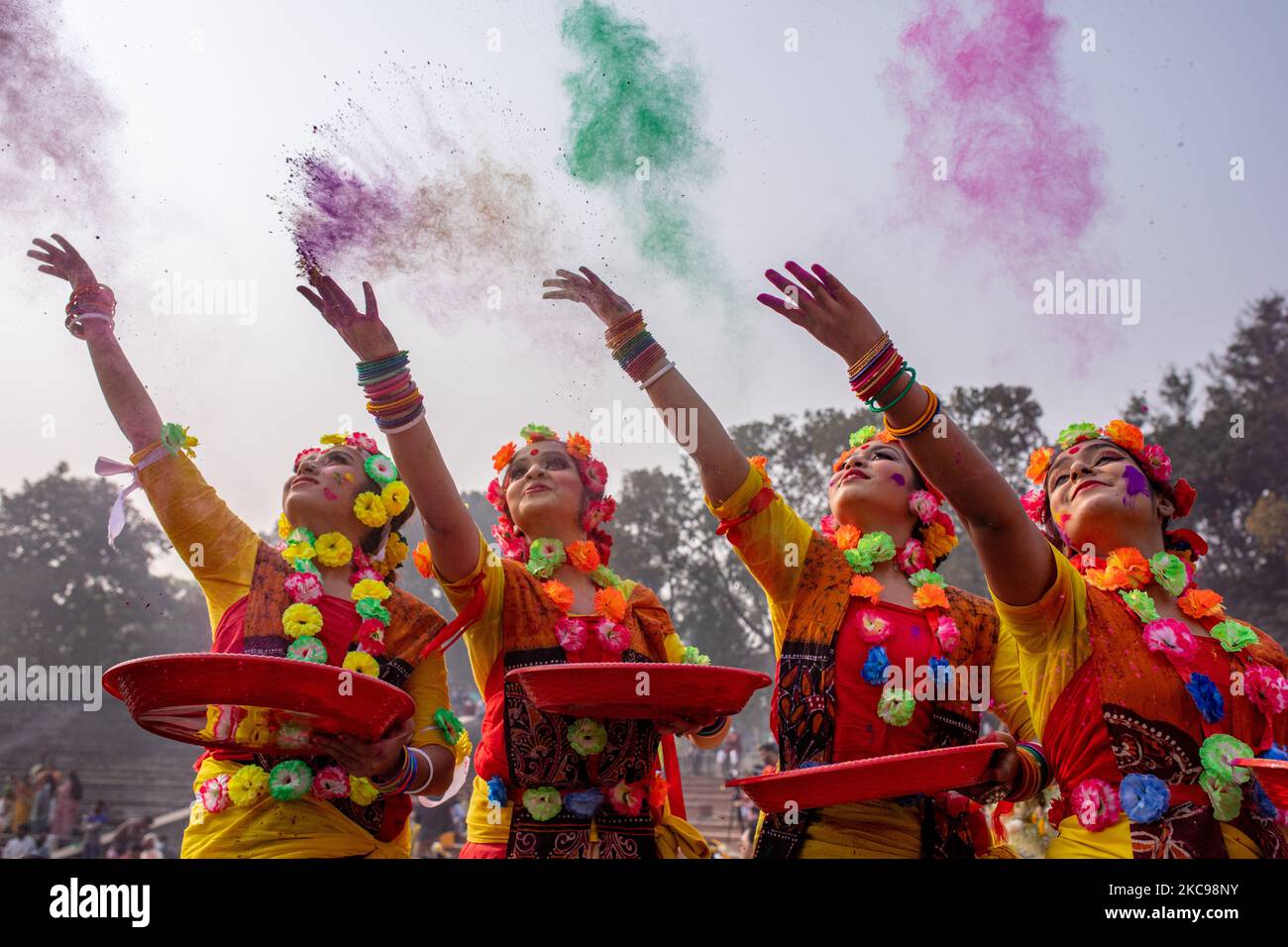 Dancers perform during the "Pahela Falgun" festival to celebrate the ...