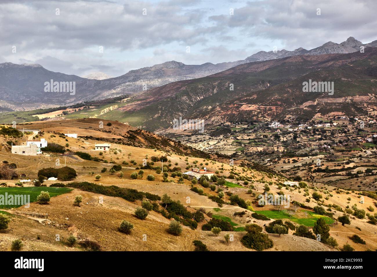 Scenic mountainous landscape of farmland and rural homes in the Riff ...