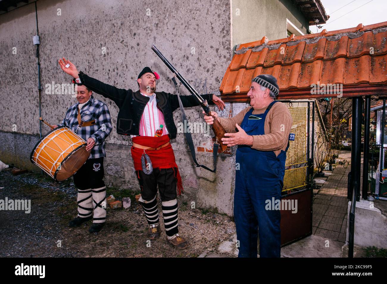 Pobeda village, Yambol. Bulgaria. Men dressed as scary creatures walk ...