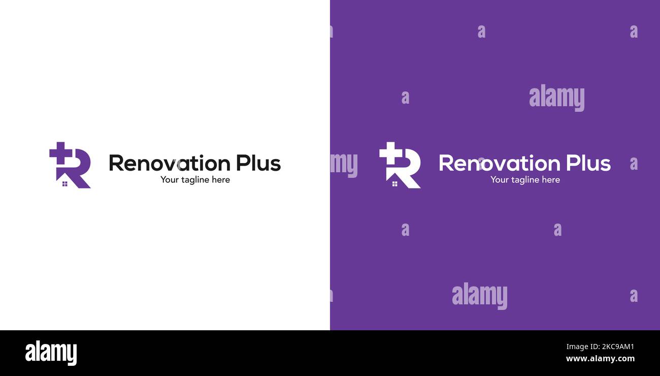 A set of logo designs of Renovation Plus isolated on white and purple ...
