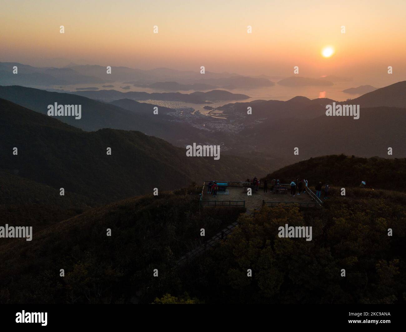 A drone view over the sunrise from Kowloon Peak in Hong Kong, China, 15 ...
