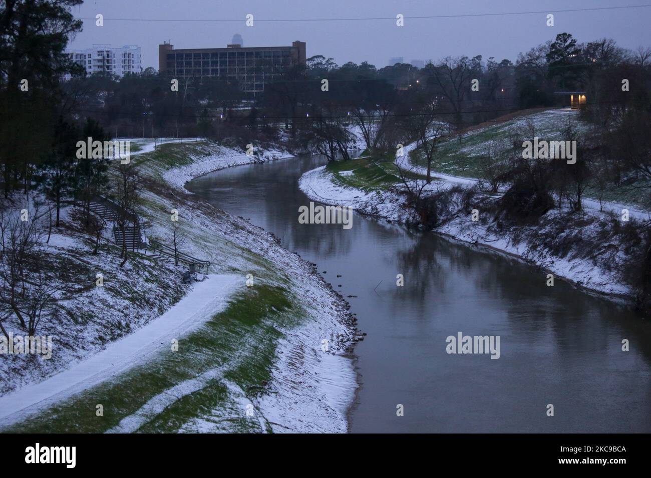 Buffalo Bayou Park in Houston, Texas early on the morning of Monday ...