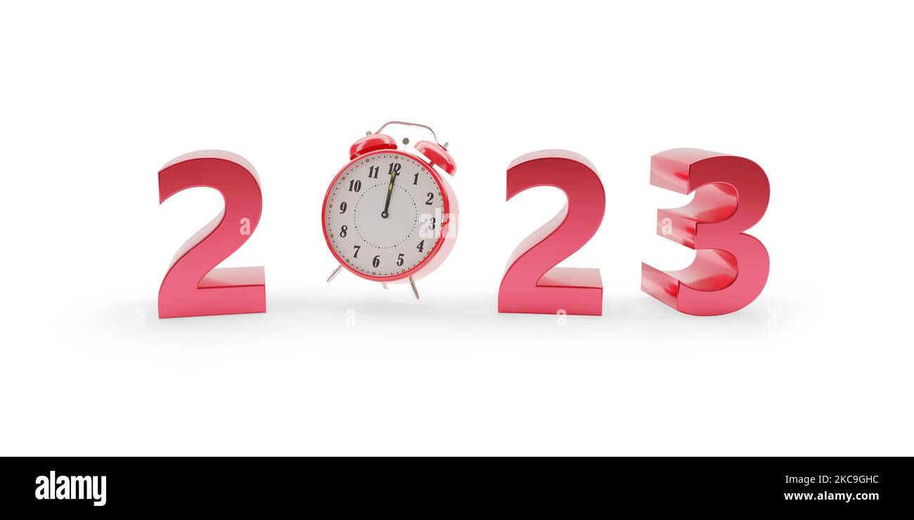 Year 2023 in three dimensions with clock isolated on white background ...