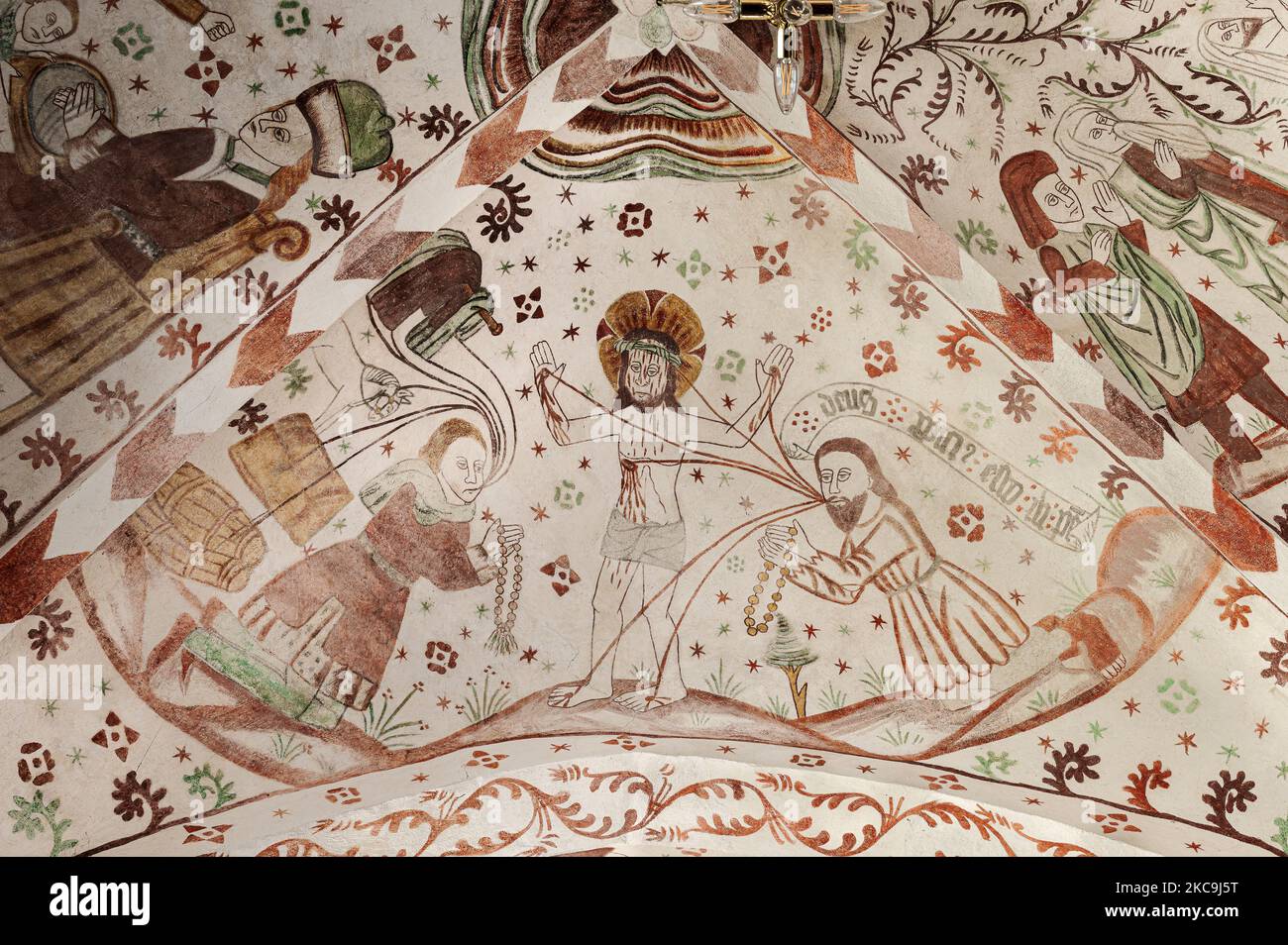 a rich and a poor man with rosaries kneeling in front of Jesus, fresco ...