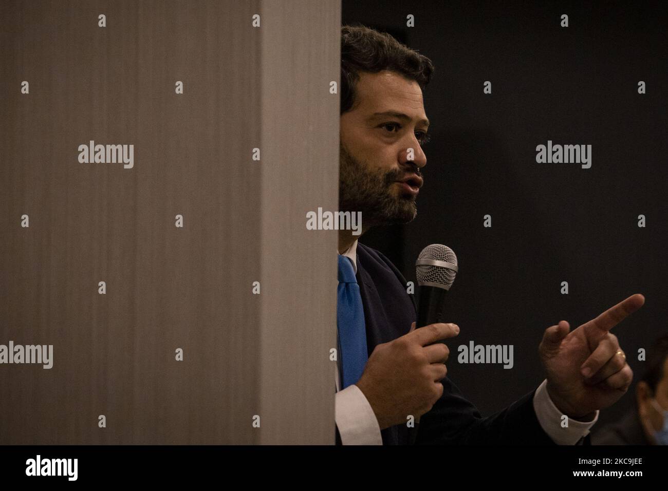 Deputy and President of the Chega party, AndrÃ© Ventura presents to the ...