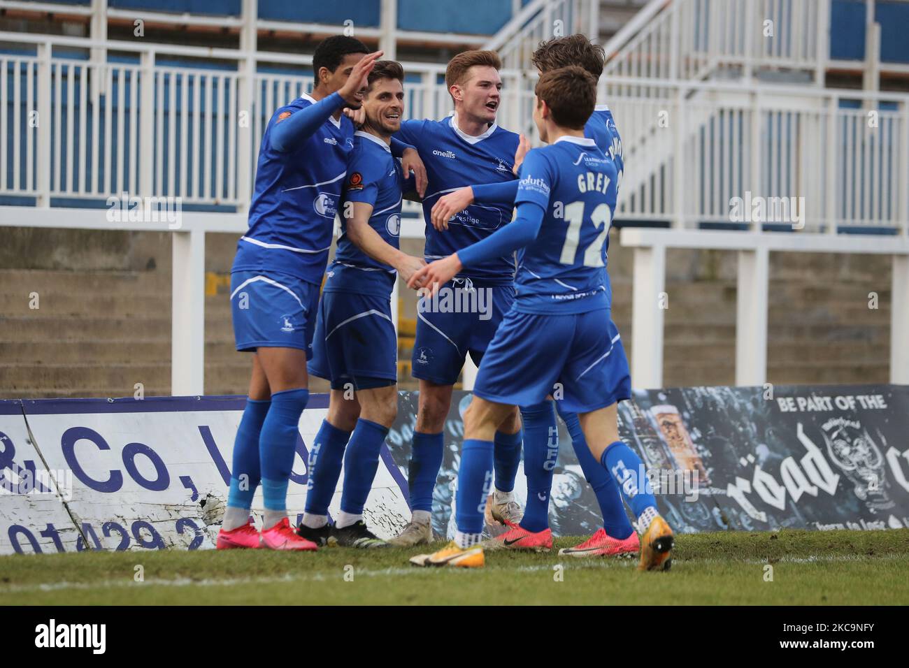 Hartlepool United's Gavan Holohan celebrates with Mason Bloomfield ...