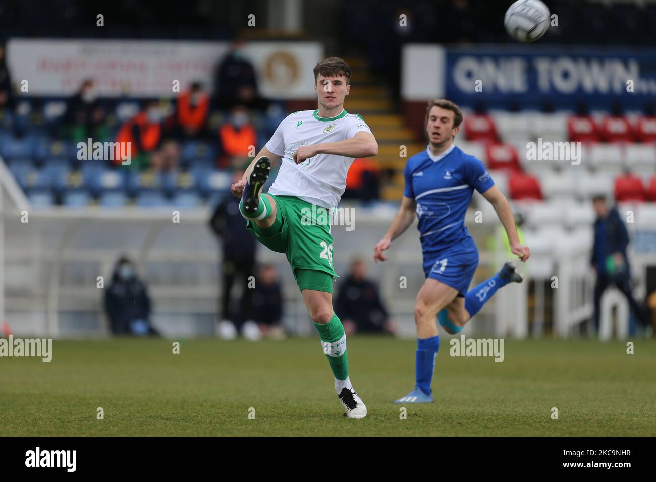 Max Hunt of Yeovil Town clears from defence during the Vanarama ...