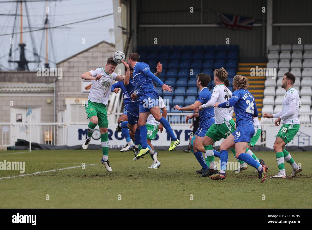 Gary Liddle of Hartlepool United contests a header with Max Hunt of ...