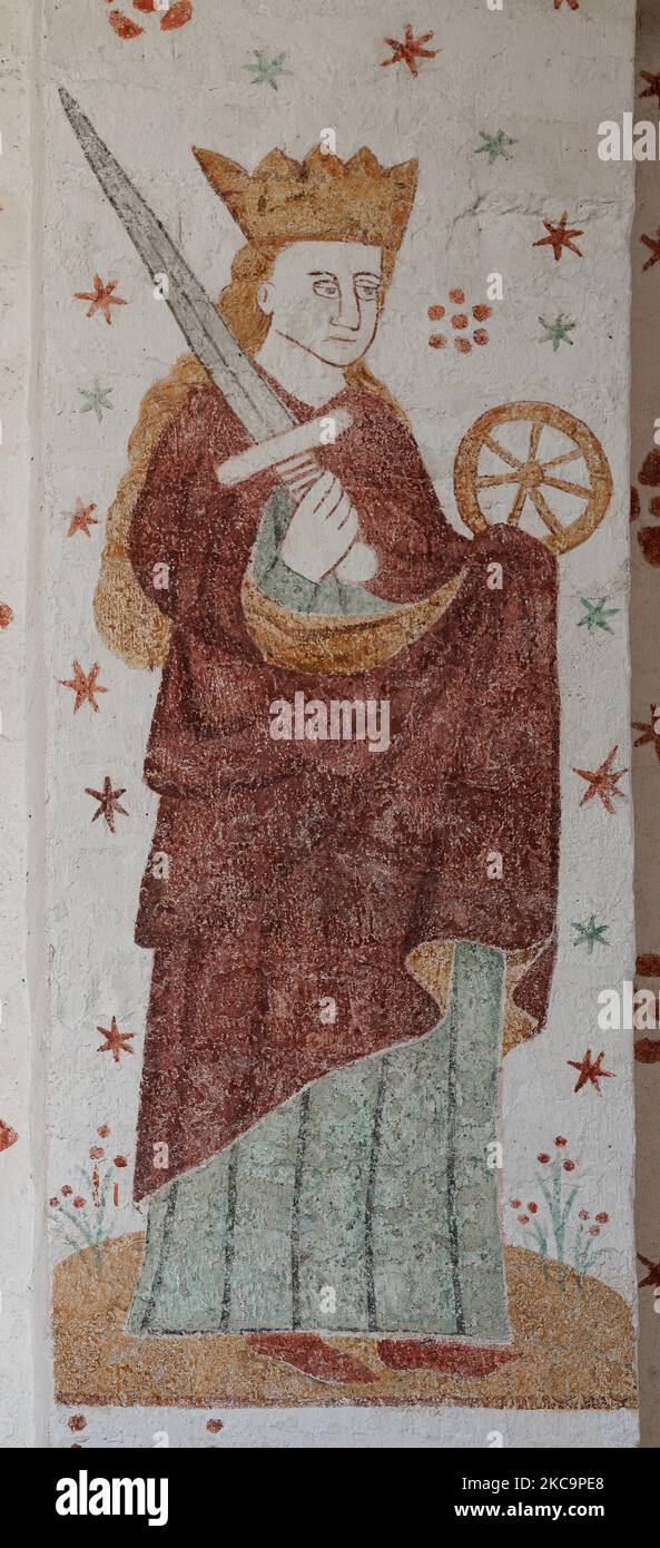 Mural depicting saint Catherine with sword and wheel, Fanefjord church ...