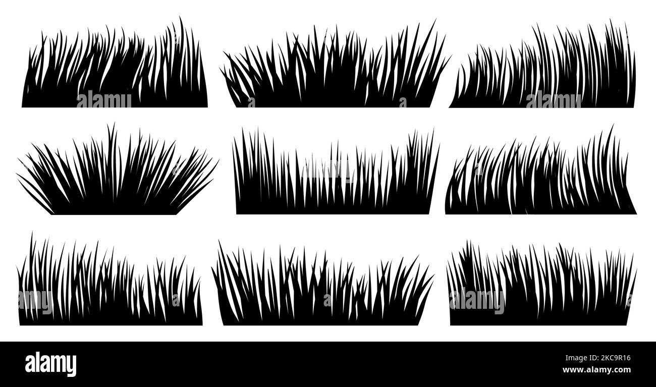 Grass natural organic lawn black silhouette border set. Wide horizontal ...