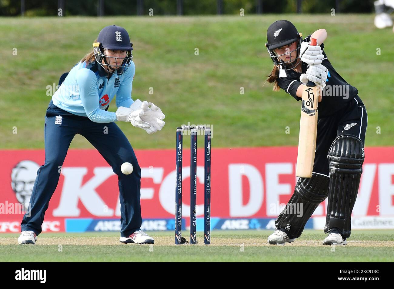 New Zealandâ€™s Fran Jonas bats during the first One Day International ...
