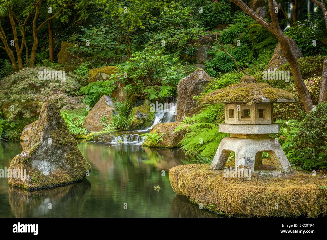 An aerial view of lake surrounded by rocks and red woods in Japan Stock ...