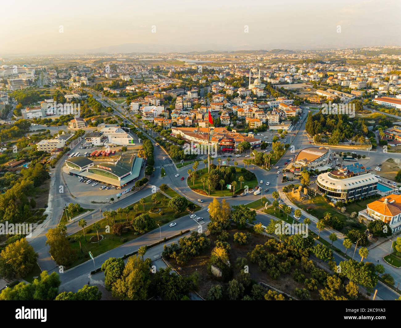 Aerial top view of the streets and roads, the center of Side, a resort ...