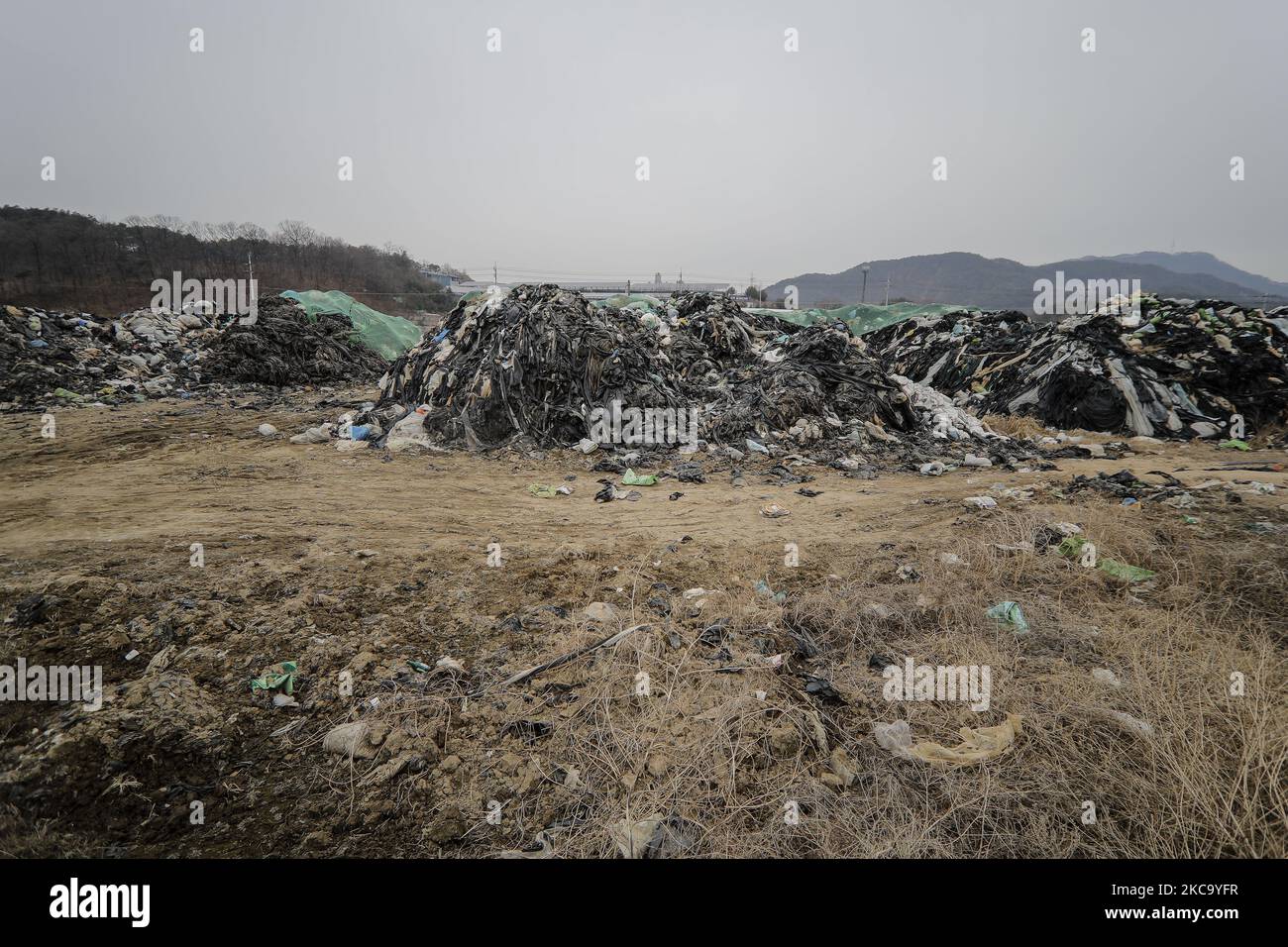 Agricultural plastic waste pile up at a yard of farm village in Chungju ...