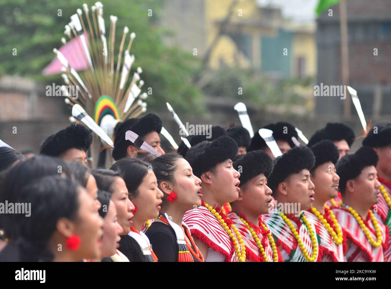 Angami Naga cultural troupe in their traditional attires performs a ...