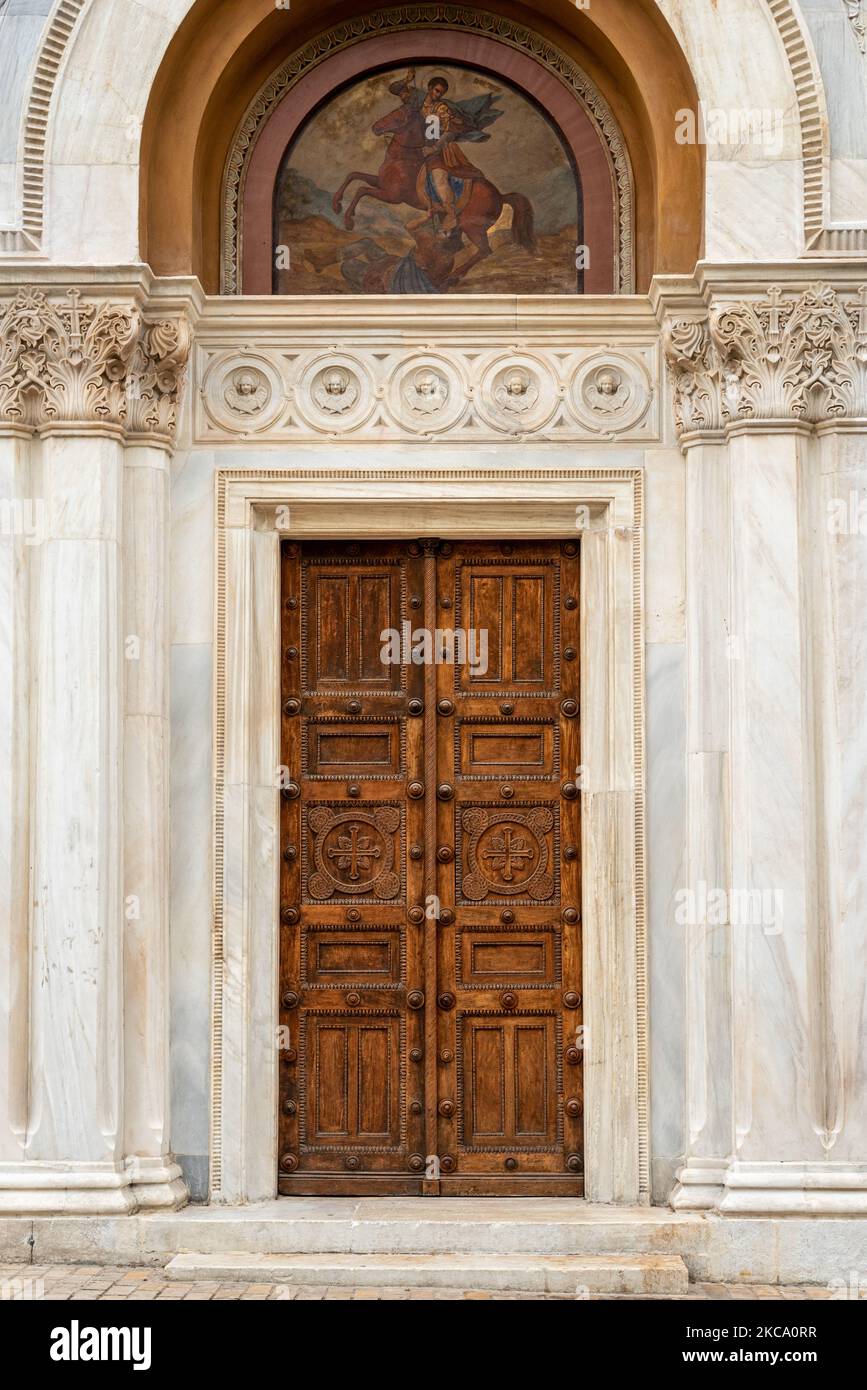 Athens, Greece - Orthodox large wooden door entrance Stock Photo - Alamy