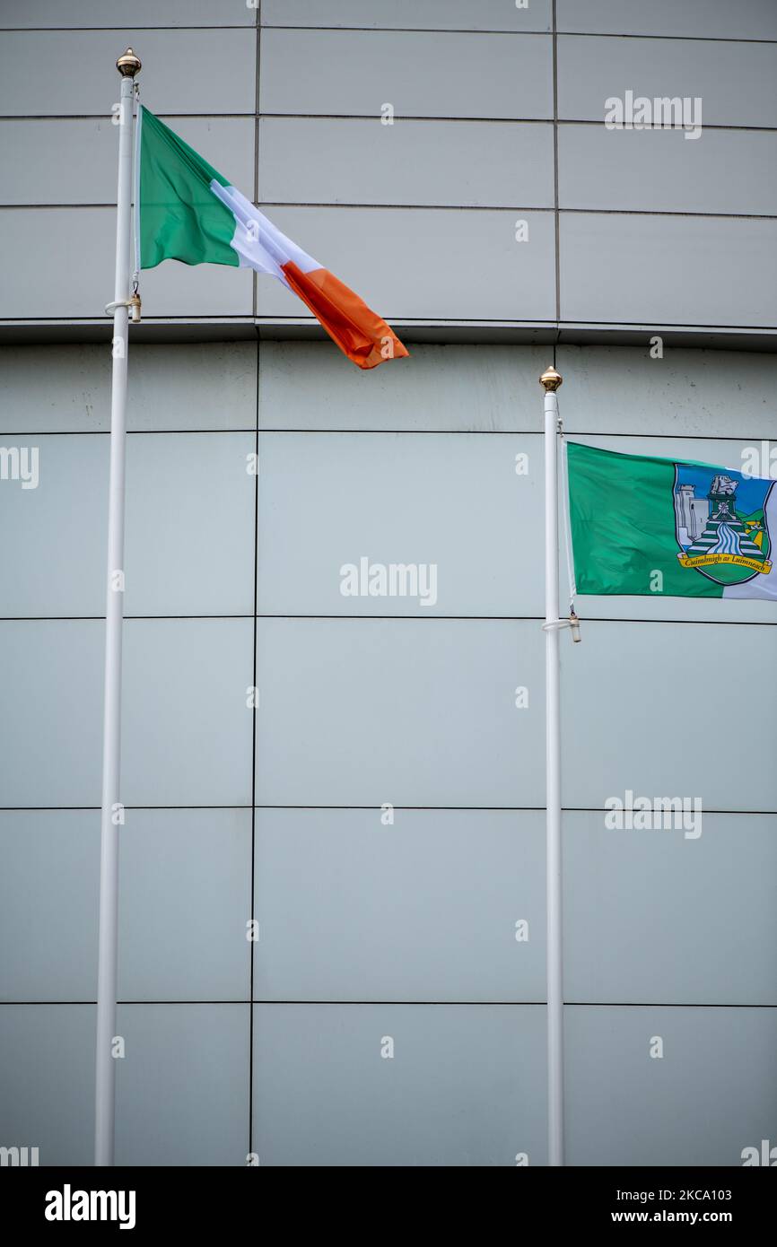 flags against the background of city buildings Stock Photo - Alamy