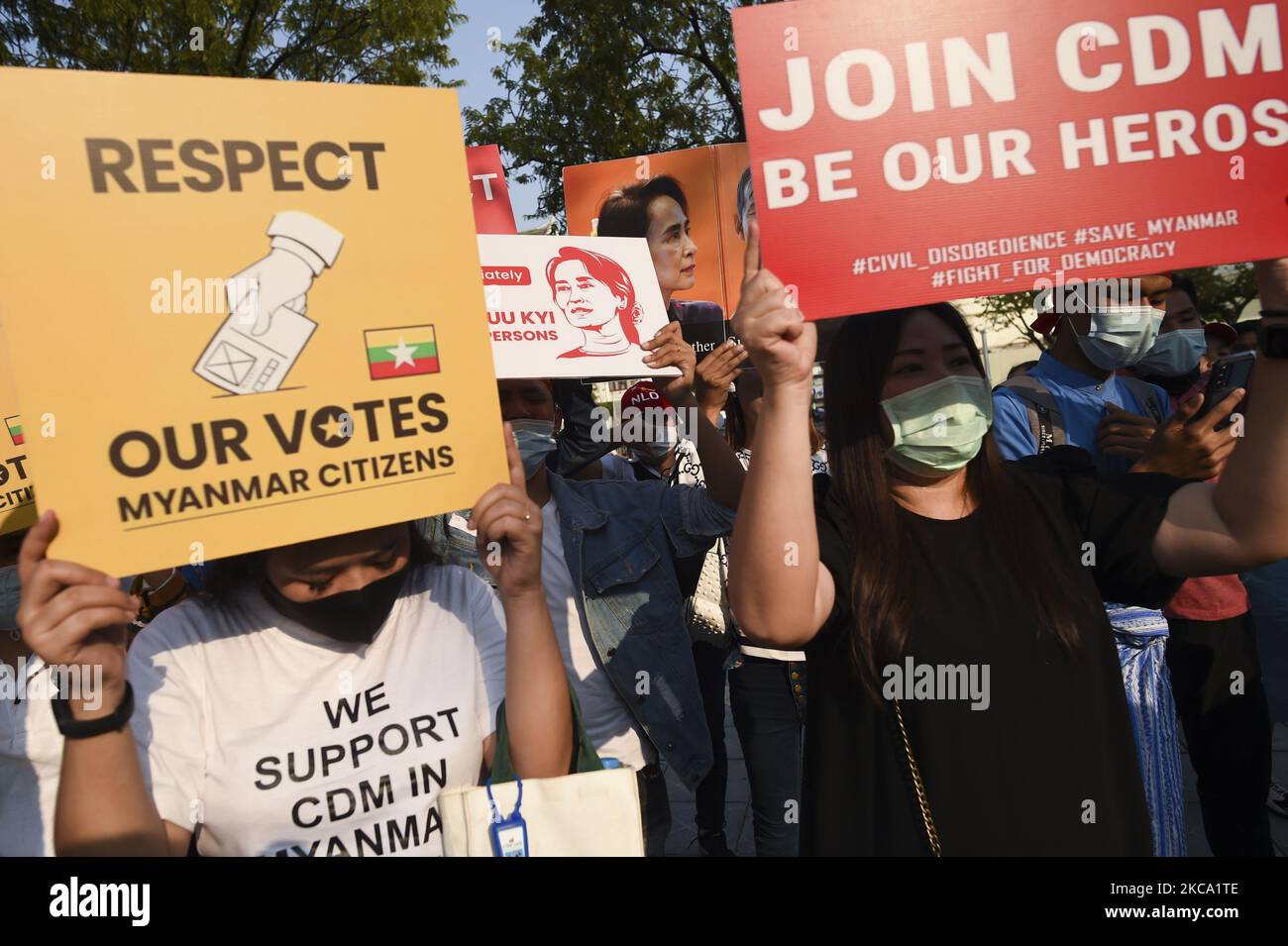 Myanmar demonstrator during a protest against the Myanmar military coup ...