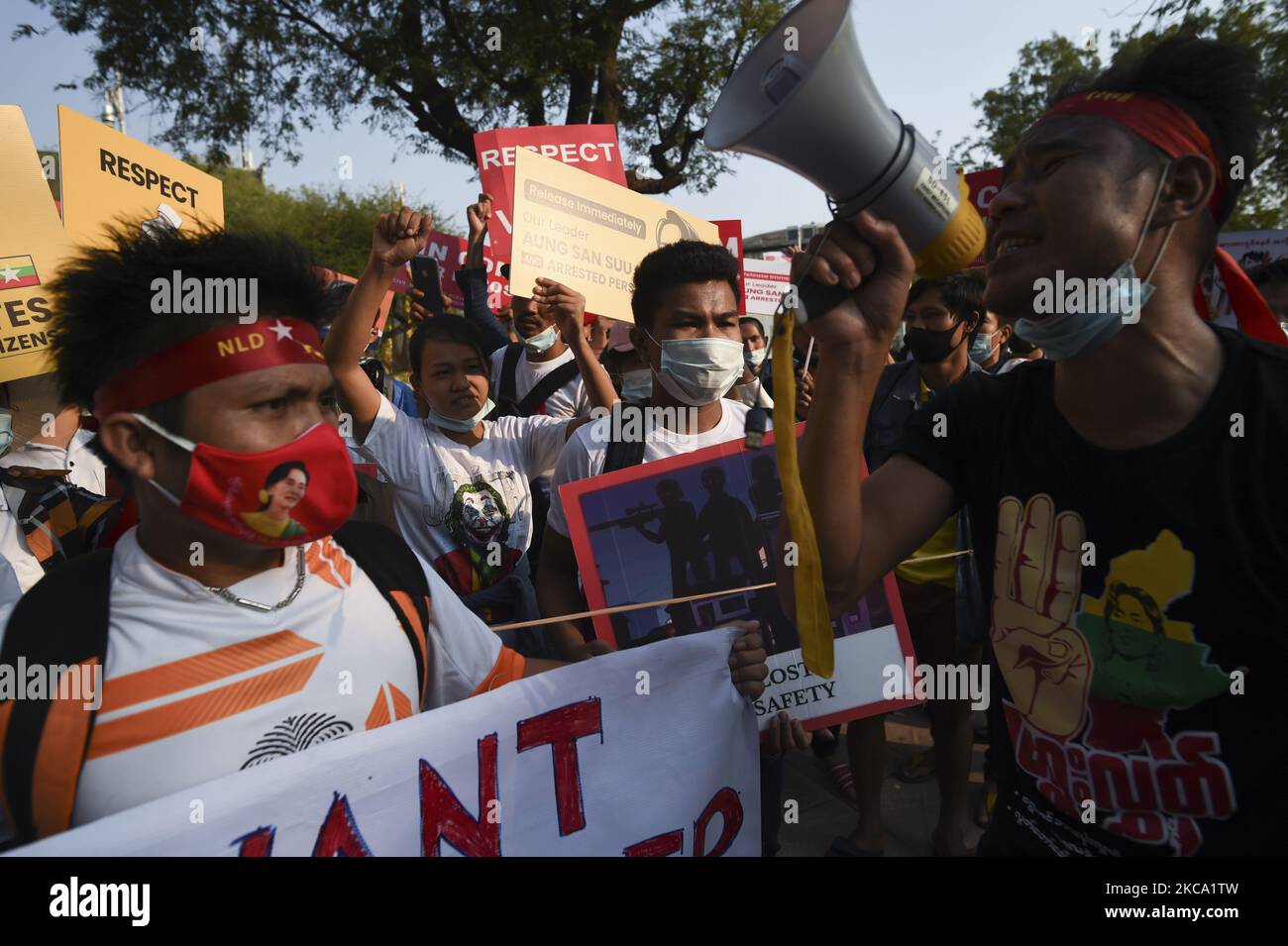 Myanmar demonstrator during a protest against the Myanmar military coup ...