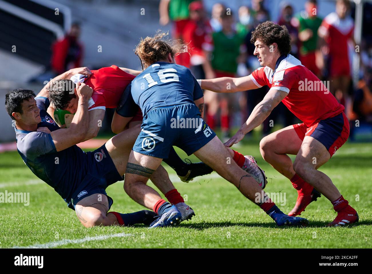 Players In action during the Madrid Rugby 7s match between Chile and ...