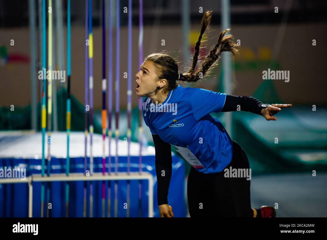 An athlete competing at the javelin throw during the Italian Winter ...
