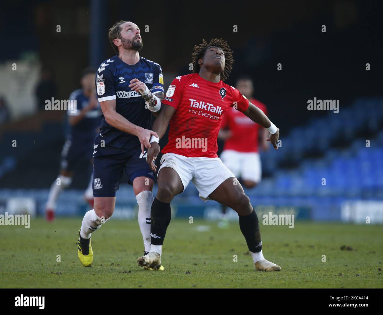 L-R John White of Southend United and Brandon Thomas-Asante of Salford ...