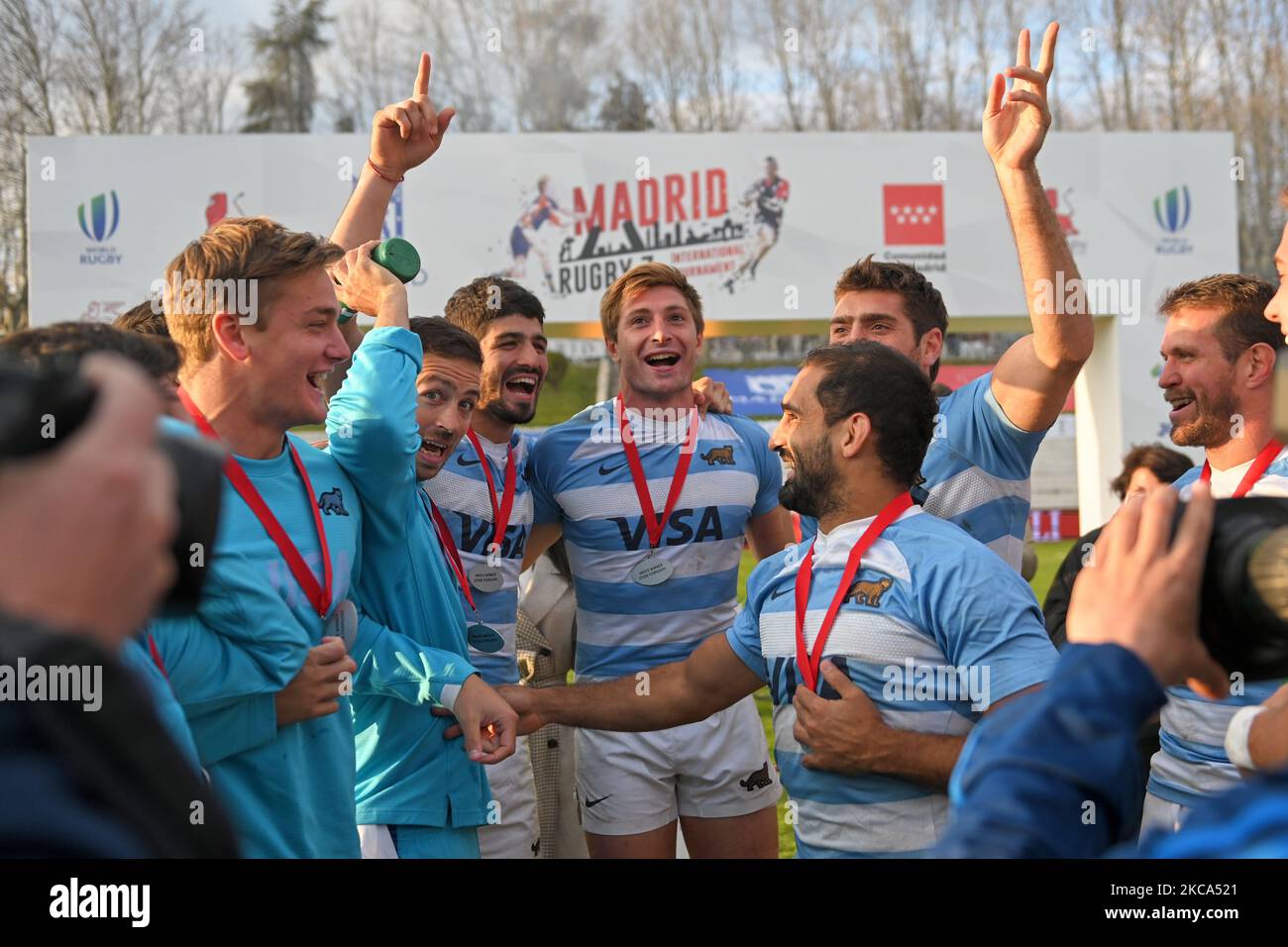 Argentina team pose with the trophy after win the Madrid Rugby 7s at ...