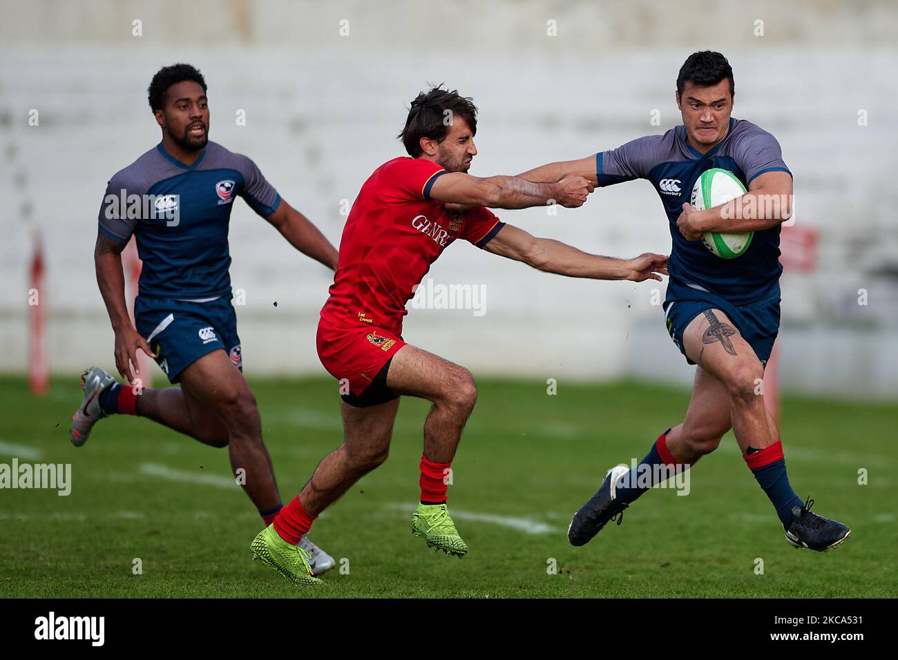 Players In action during the Madrid Rugby 7s match between Spain and ...