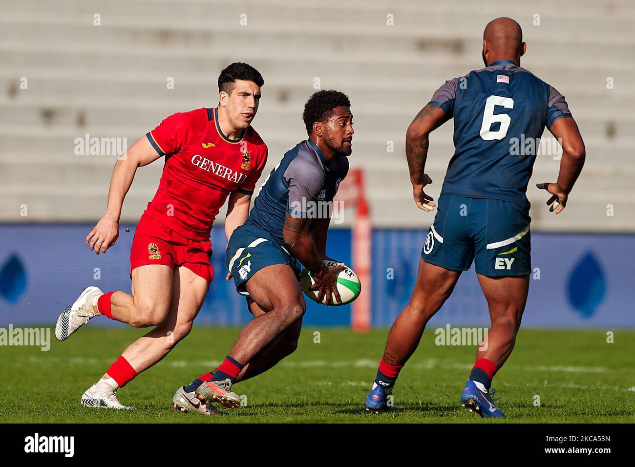 Players In action during the Madrid Rugby 7s match between Spain and ...