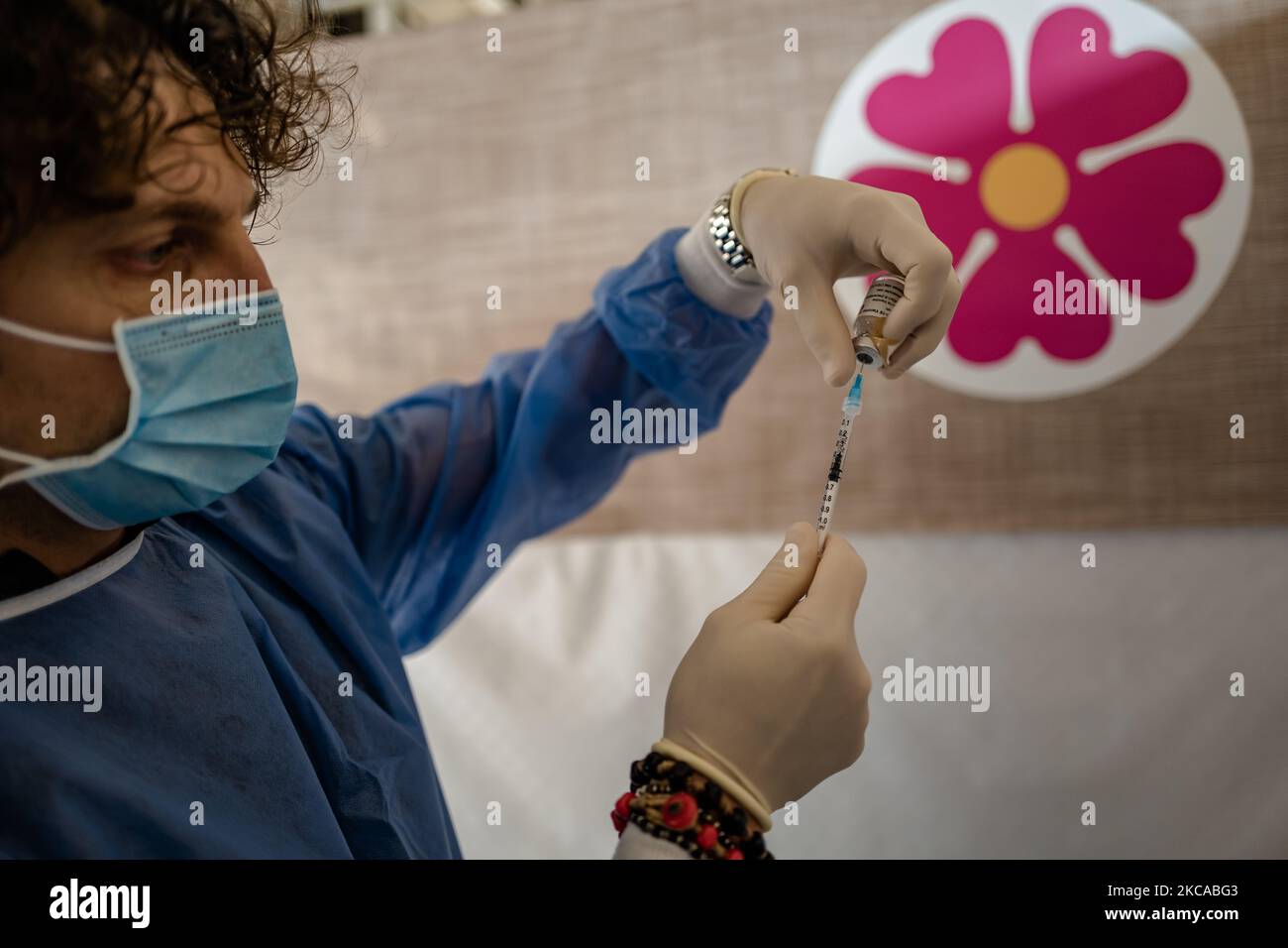 Detail of the dose of AstraZeneca anti-Covid vaccine being prepared by ...